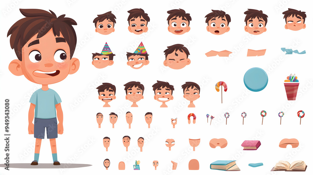 Cartoon boy character sprite sheet with different expressions, poses ...