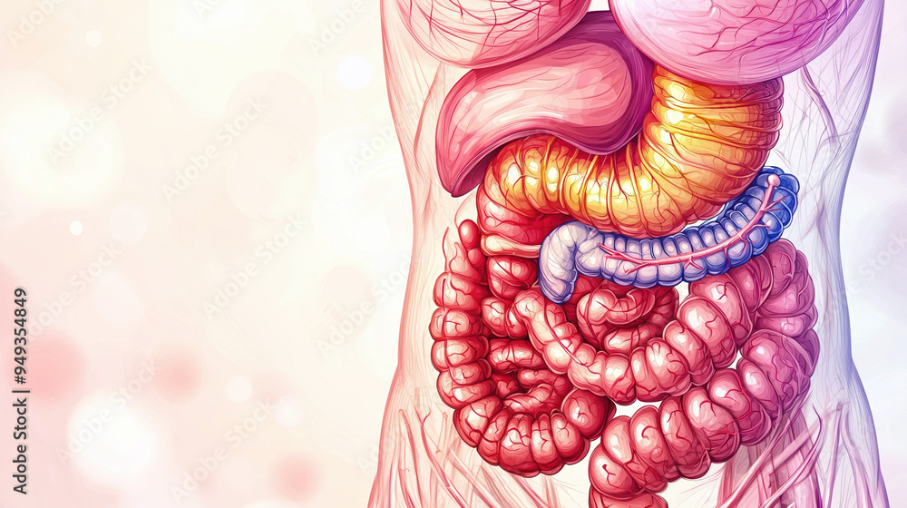 A detailed anatomical drawing of the human digestive system, with ...