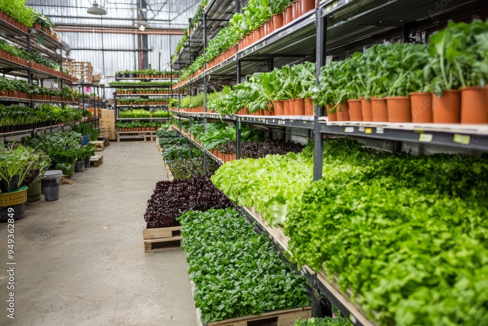 Vertical farm inside a repurposed warehouse, filled with rows of fresh ...
