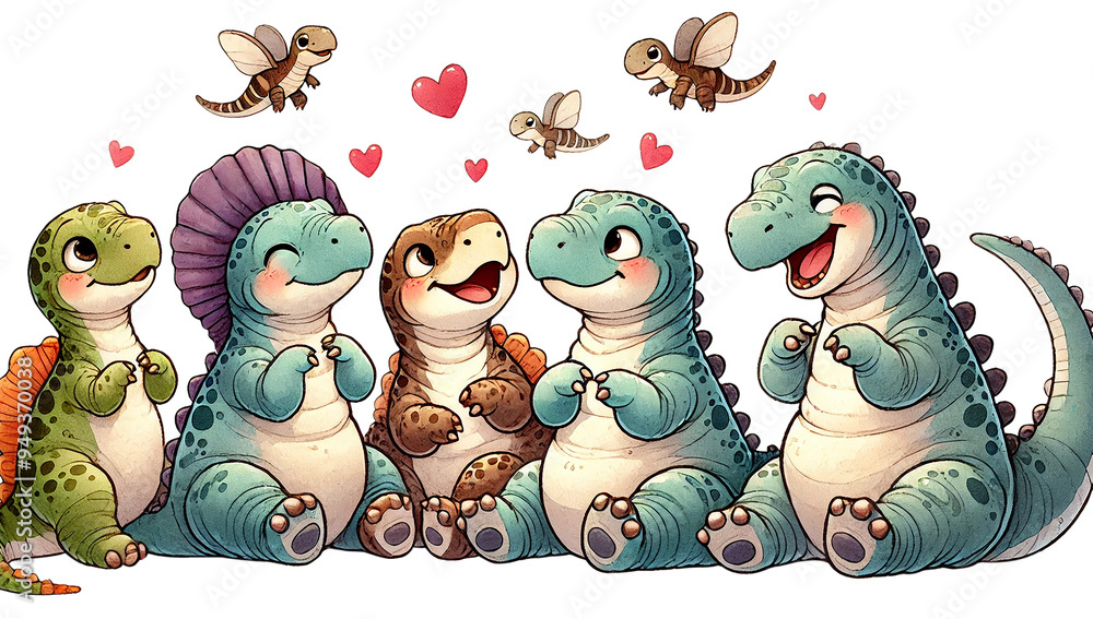baby dinosaurs, including a Spinosaurus and a Diplodocus, sitting ...