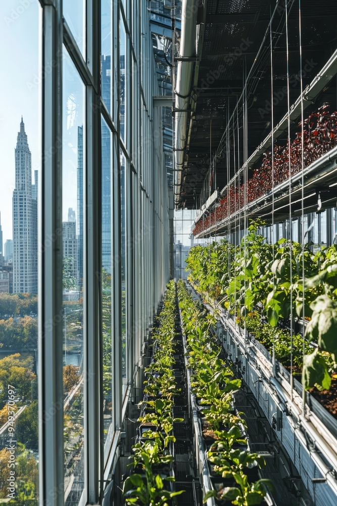 Urban vertical farm inside a glass building with rows of plants. The ...