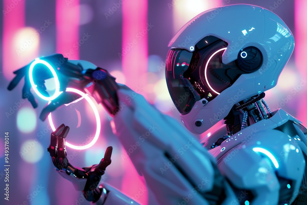 Cyberpunk robot wearing glowing rings, performing a high-tech heist, 3D ...