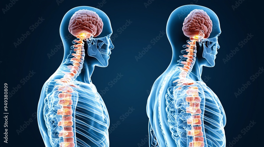 Side view of human anatomy with spinal cord and brain highlighted ...