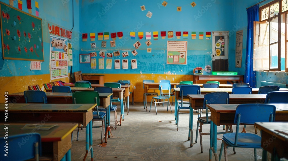 07231249 47. Quiet primary school classroom seen from the back, chairs ...