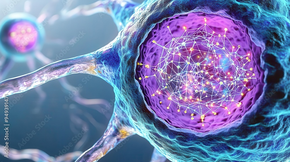 Microscopic view inside a cell, showing a web of glowing connections ...