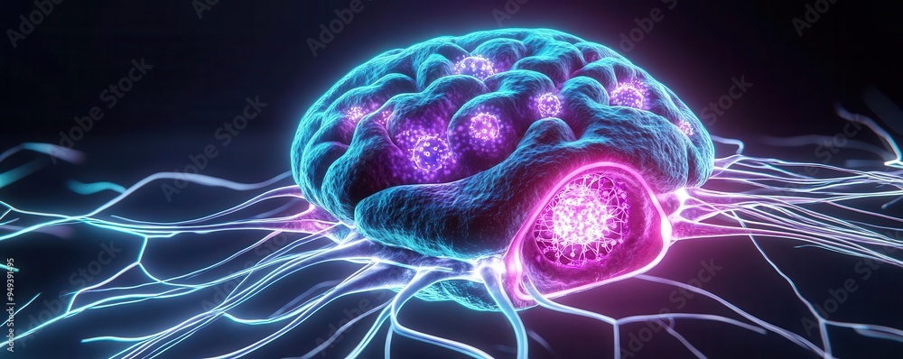 Microscopic view of a single human cell, illuminated by soft neon light ...