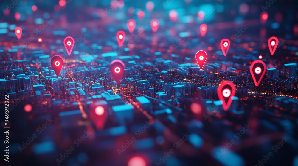 glowing red location gps icon markers advanced urban mapping ...