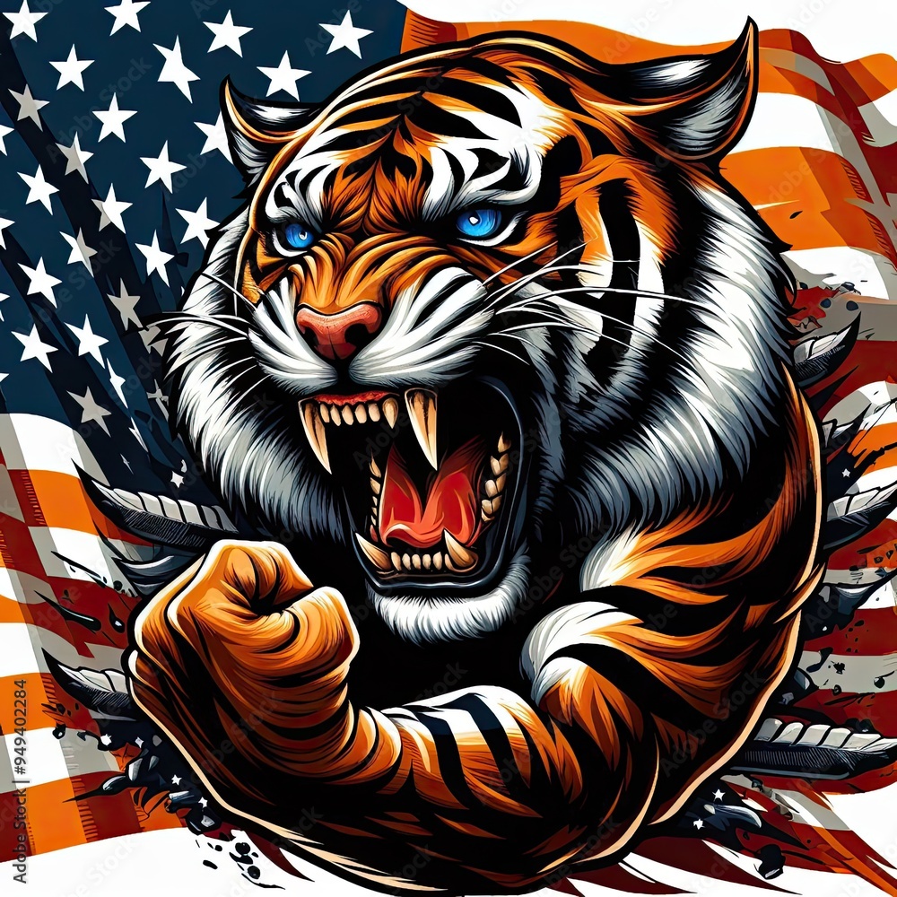 Angry Tiger Soldier Vector Illustration with American Flags Vintage ...