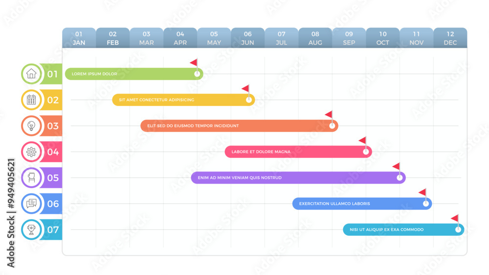Gantt chart infographic template with seven tasks, project timeline ...