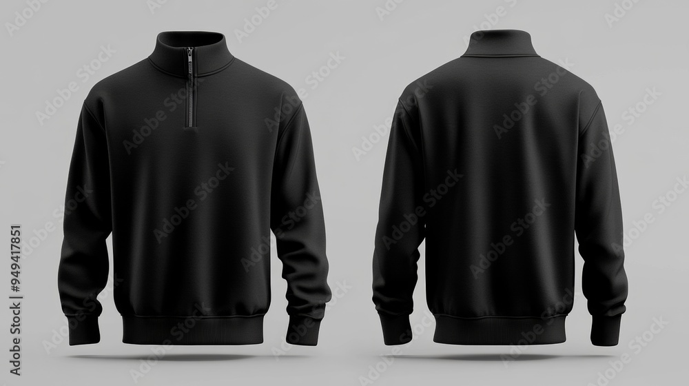 Blank black quarter zip sweater mockup, front and back side views Stock ...