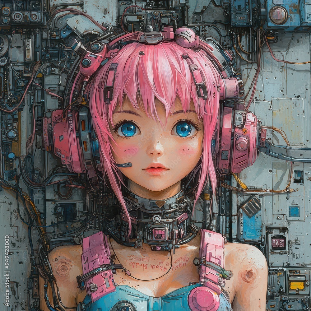 Ilustración de Stock Cyberpunk Anime Girl with Pink Hair and Blue Eyes ...