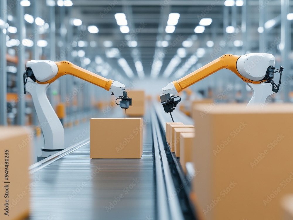 Automated robots efficiently working in a modern warehouse ...