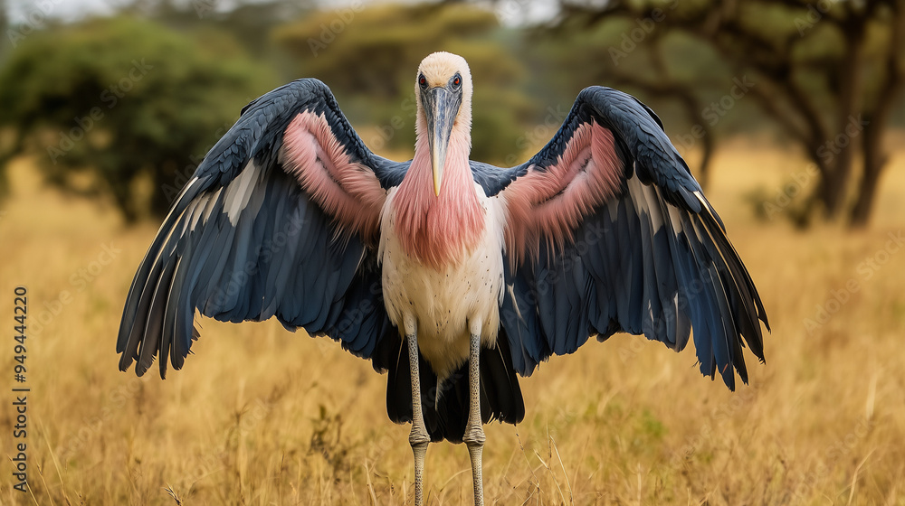 Marabou Stork standing upright with half-open wings, its feathers are ...
