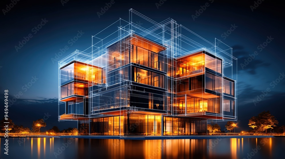 Modern blueprint overlaid on a partially constructed building, showing ...