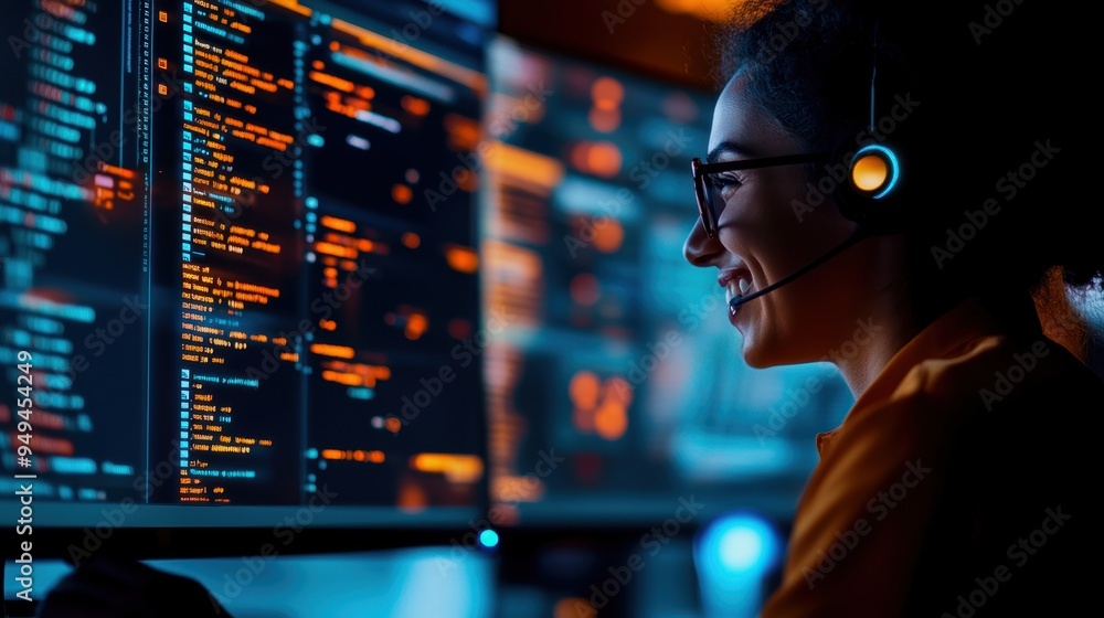 Call center agent smiling confidently as they navigate a complex tech ...