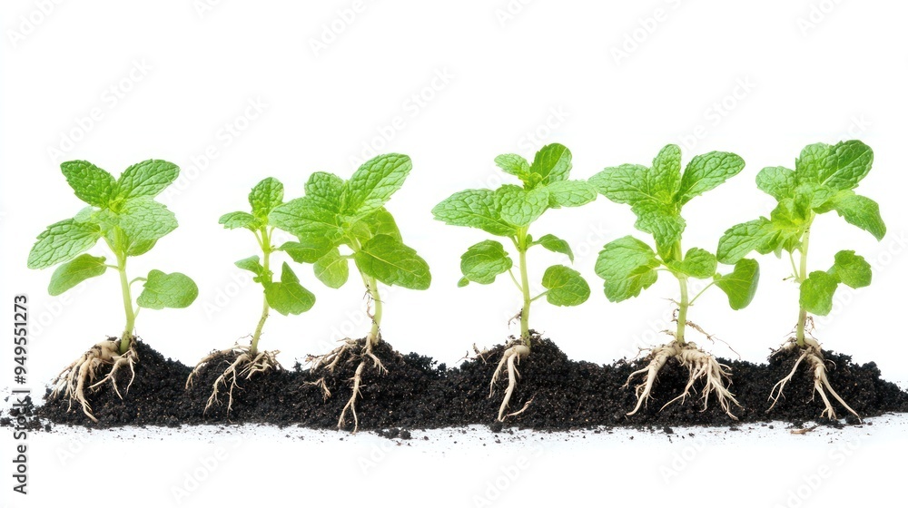 Five stages of plant growth from sprouting seedling to a mature plant ...