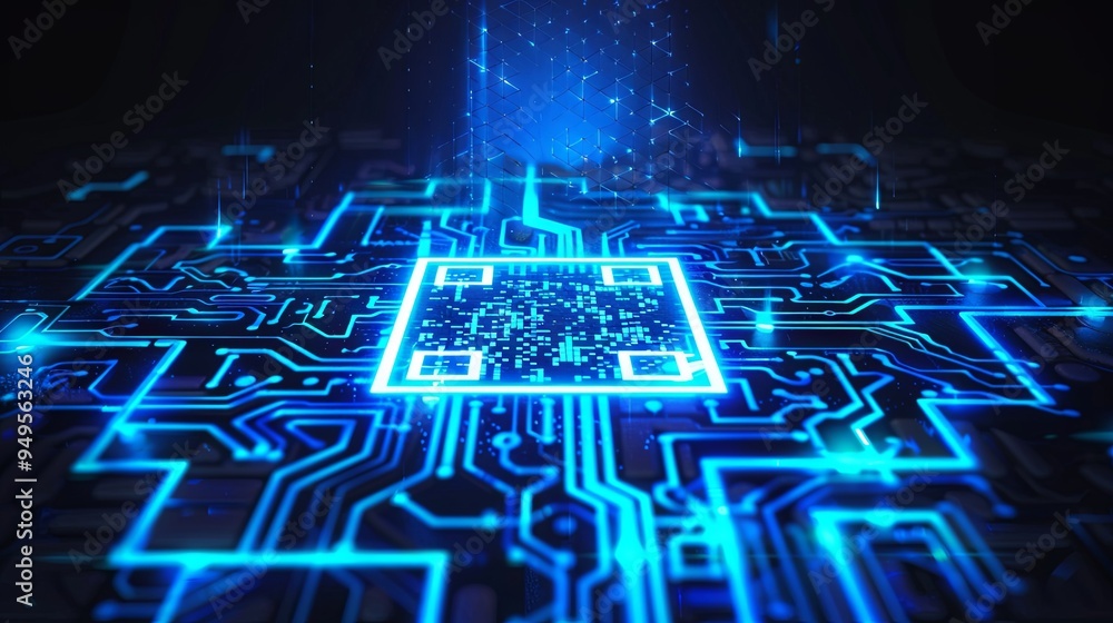 Стокова ілюстрація Futuristic blue QR code scanning with a glowing neon ...