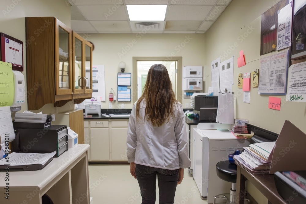 Woman in lab coat walks through hallway in a medical lab filled with ...