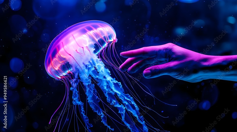 Diver Reaching for a Neon Jellyfish A diver's hand reaching towards a ...