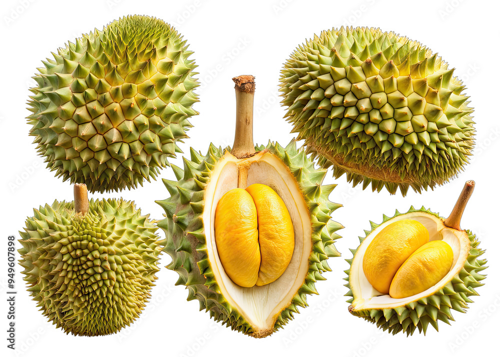A collection of durian fruits, both whole and partially opened ...
