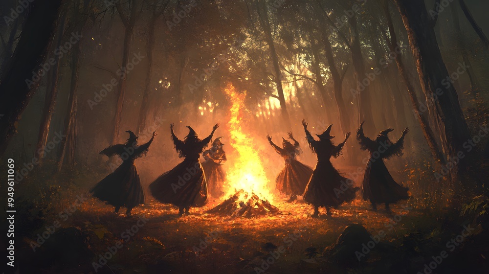 A group of witches dancing around a fire in the woods Stock ...