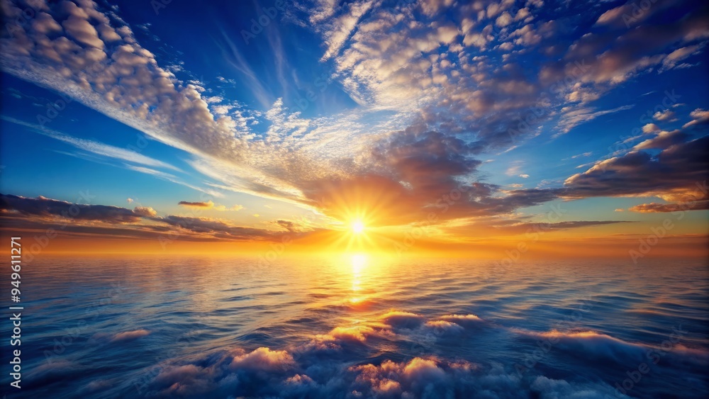 Sun setting over endless blue horizon, few wispy clouds streaked across ...