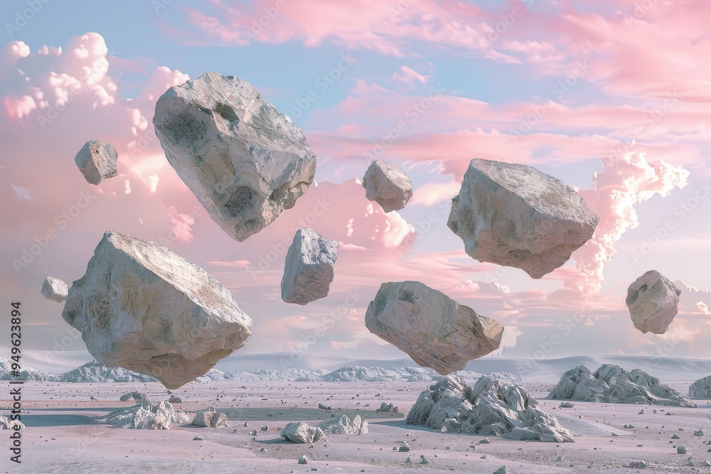 Collection of rocks levitating in the desert landscape, Surreal desert ...