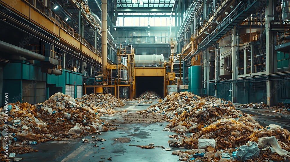 A vast industrial waste disposal facility is dominated by mountains of ...