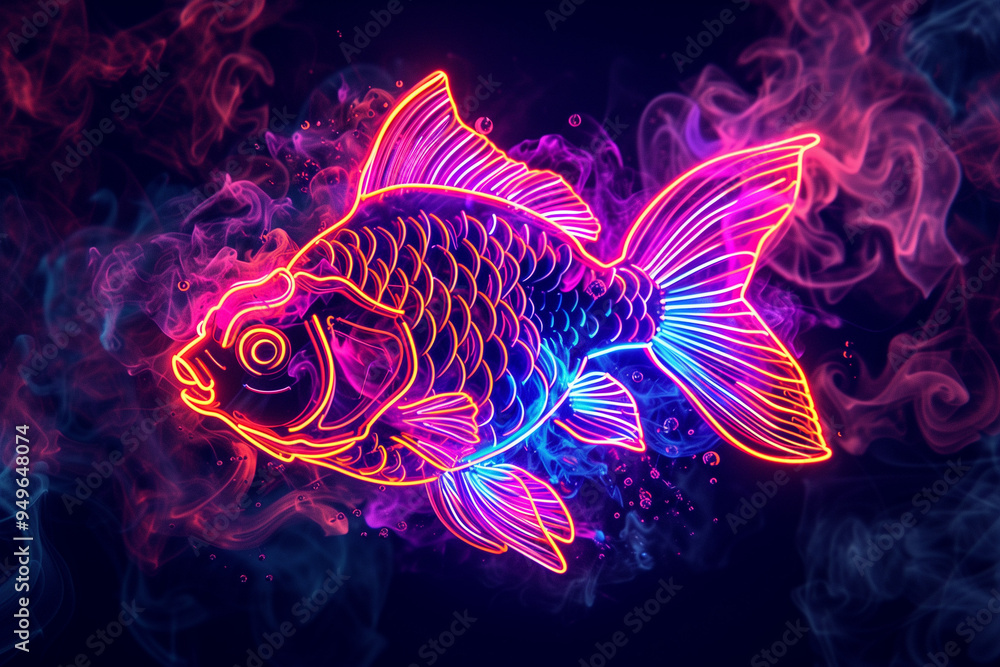 Goldfish in neon color in pop art style. Minimalist style, neon line ...