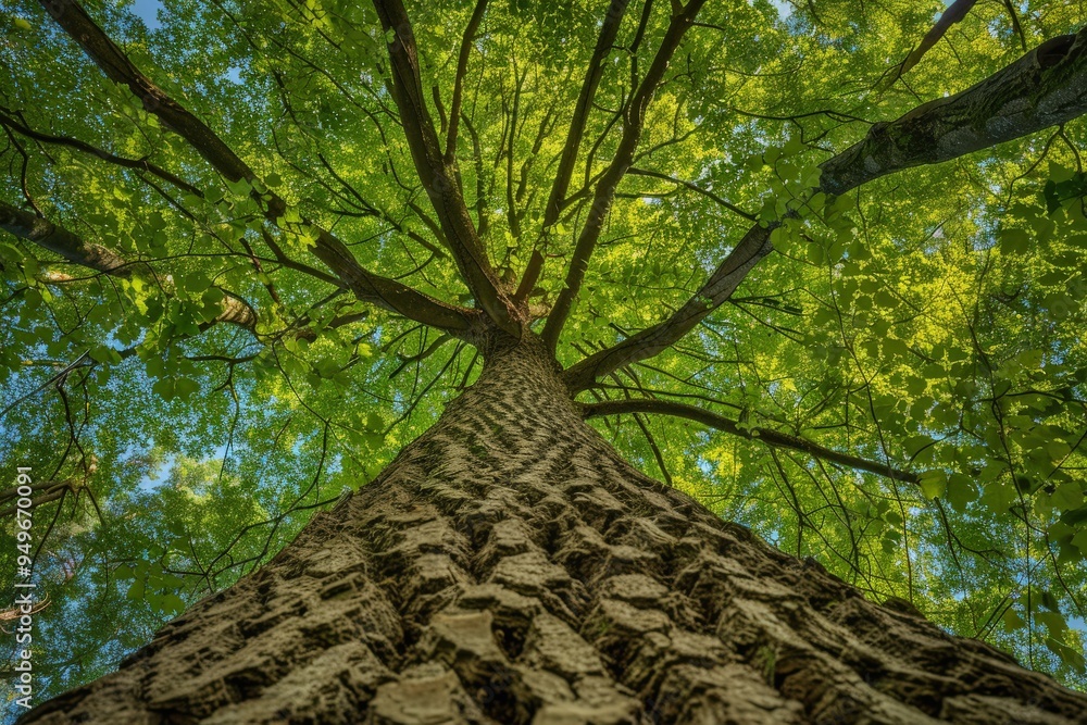 Below the Sky: Upward View of Green Oak Trees in the Forest Stock Photo ...