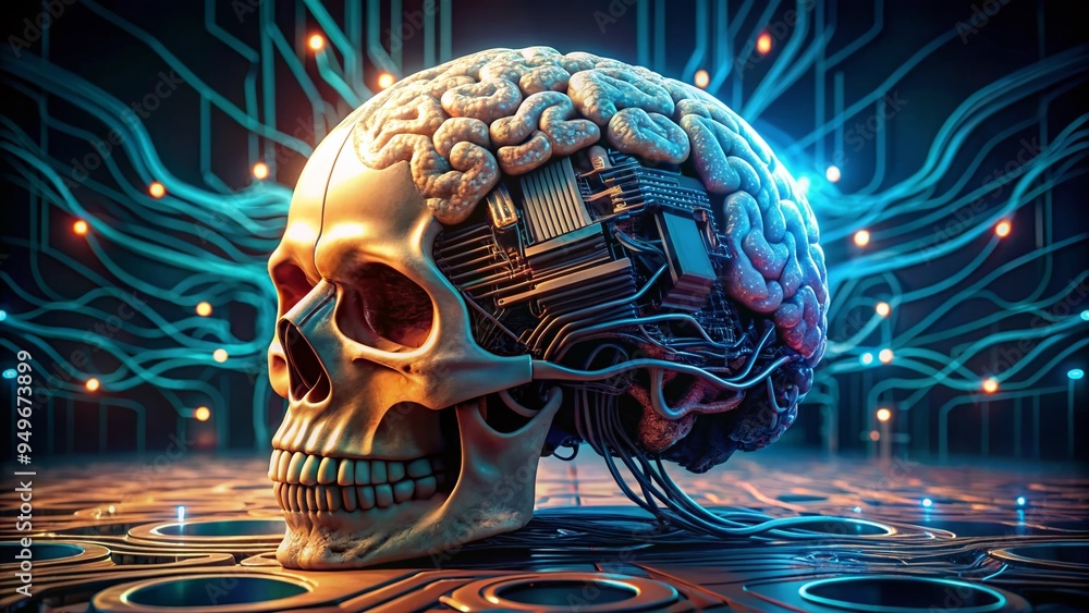 retro-futuristic 3D cyborg brain with wires and motherboards exposed ...