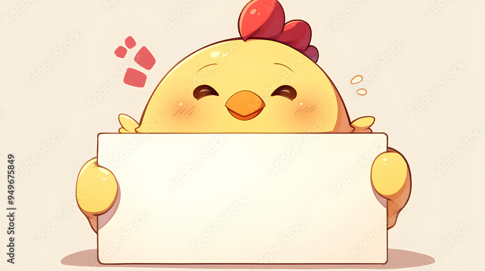 cute chicken holding up a blank sign, colorful cartoon character, empty ...