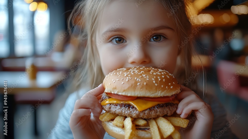 Little girl eating hamburger and French fries in a fast food restaurant ...
