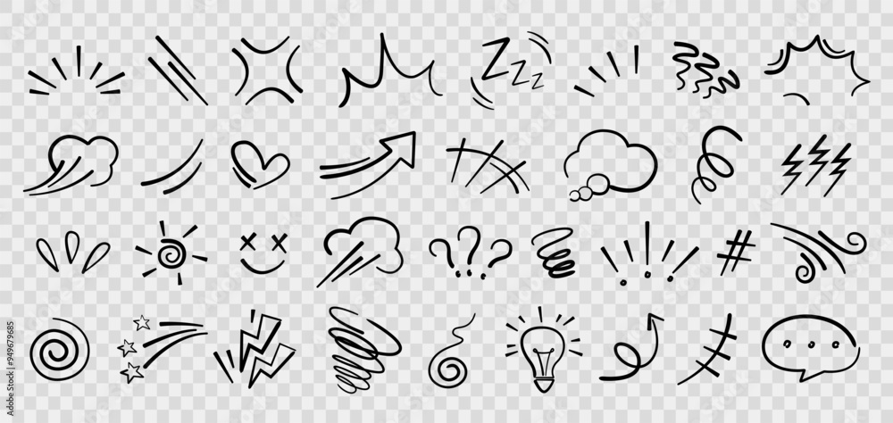 Handdrawn anime manga doodle line elements set. Collection of graphic ...