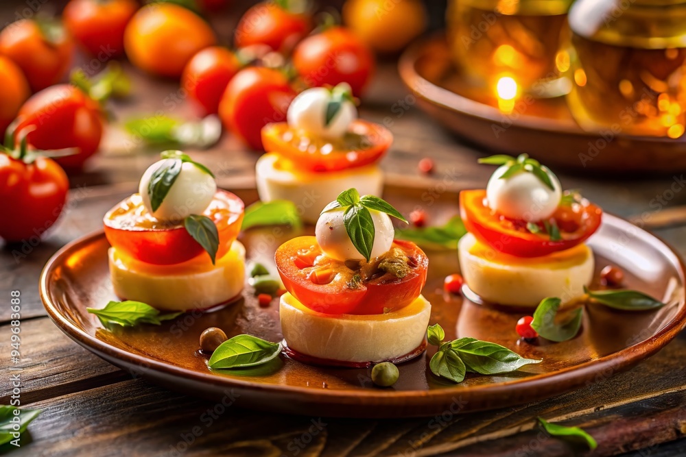 Golden hour illumination on elegantly plated mini caprese salads ...