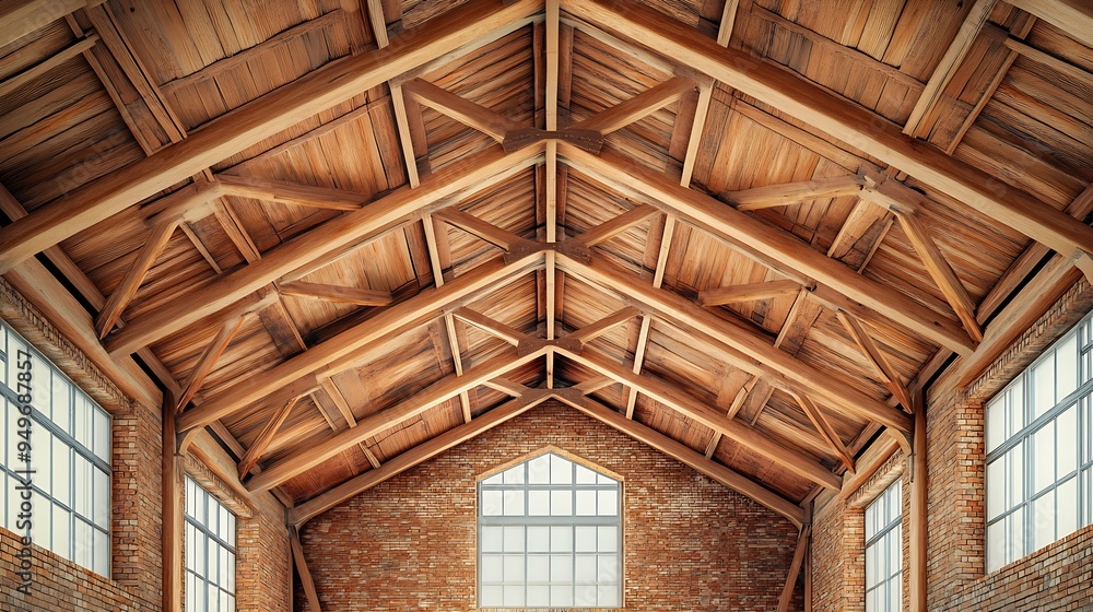 Foto de Stock Gable roof truss of a large vintage factory hall Roofing ...