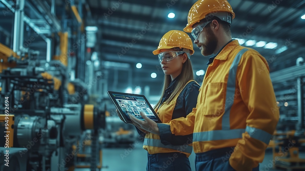 Industry 40 Modern Factory Two Engineers in Empty Warehouse Use Digital ...