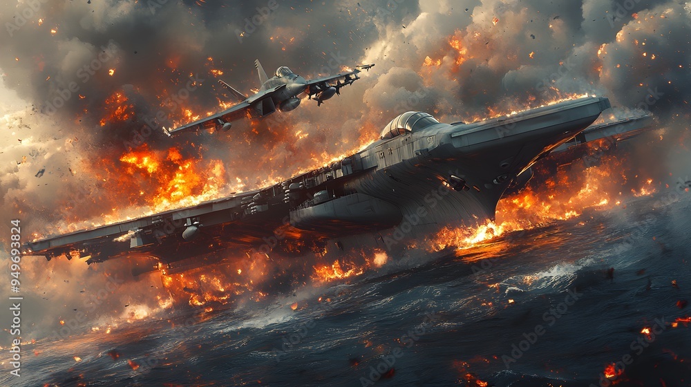 Chaotic scene of a fighter jet racing above an aircraft carrier ...