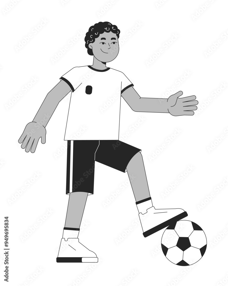 African american boy playing football black and white 2D line character ...