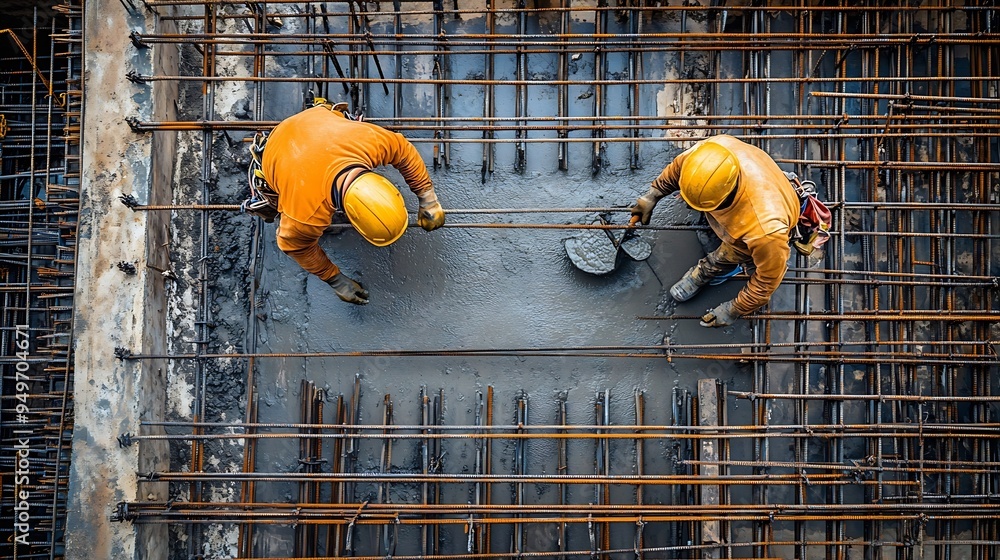 Builders workers at a house construction site are installing prepare ...