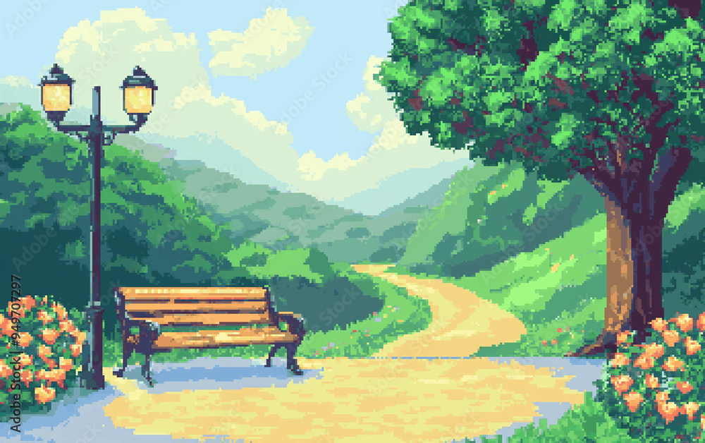 8-bit pixel art game scene depicting a park with trees, flowers, wooden ...
