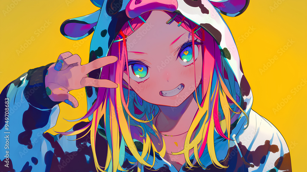 cute cow character wearing anime onesie costume, anime style, cute ...