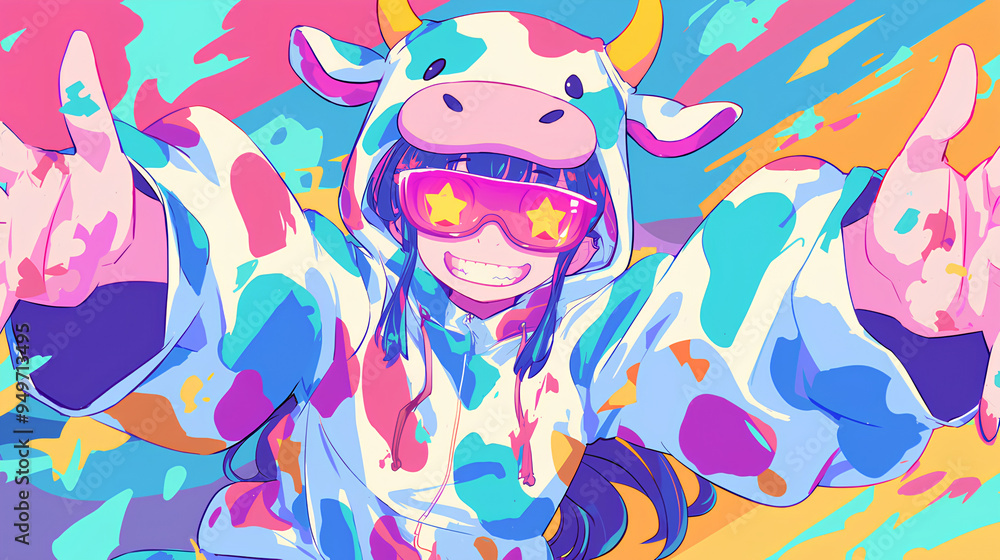cute cow character wearing anime onesie costume, anime style, cute ...