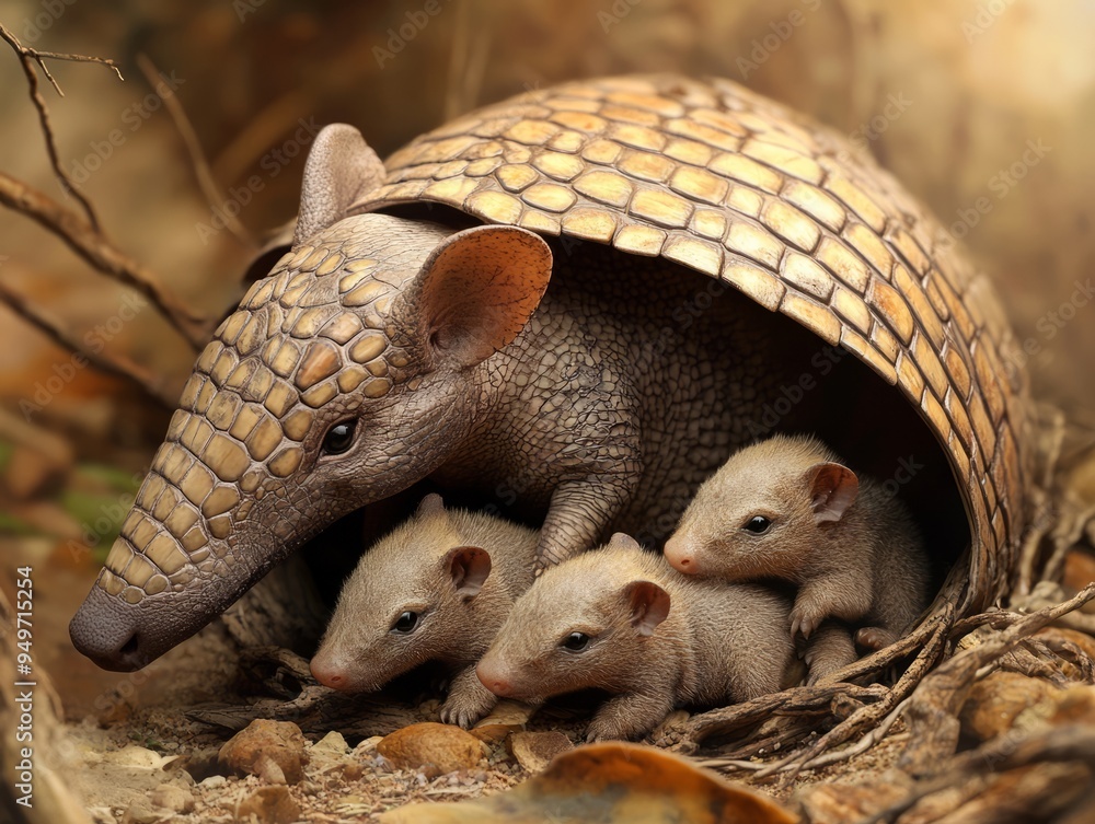 Protective Mother Armadillo and Newborn Pups in Ultra Realistic Close ...