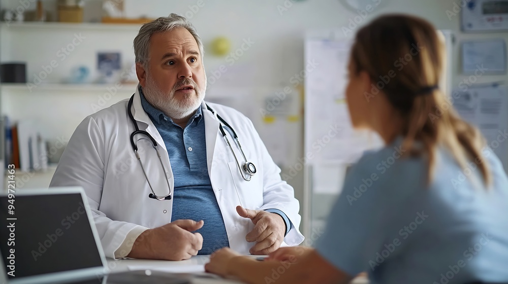 Female doctor consulting with overweight patient discussing test result ...