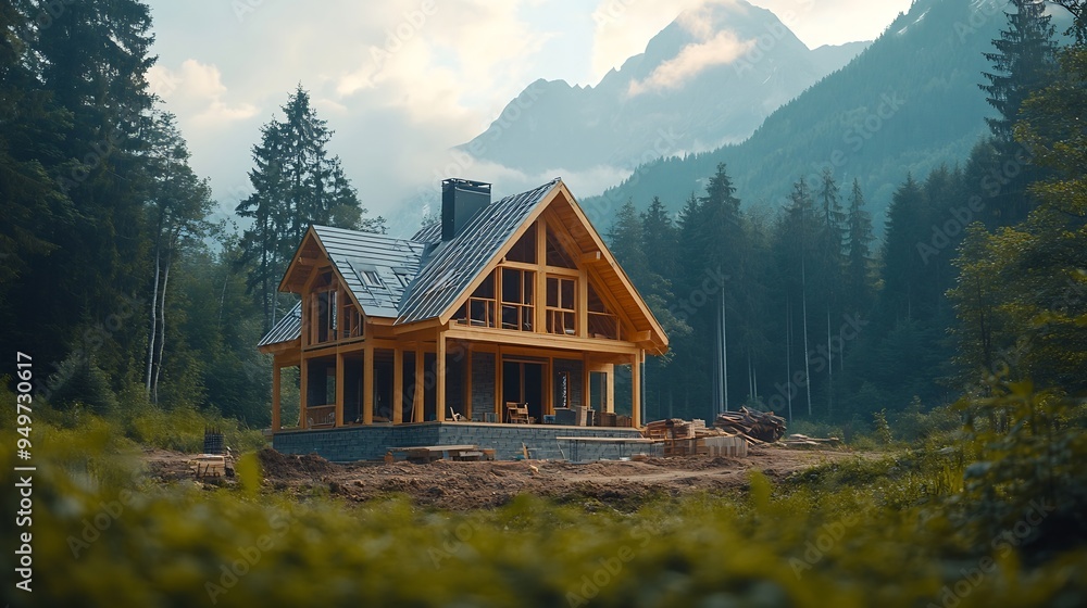 Wooden frame house under construction near forest Beginning of new ...