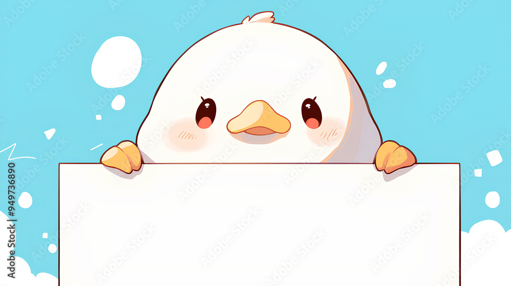 cute duck holding up a blank sign, colorful cartoon character, empty ...
