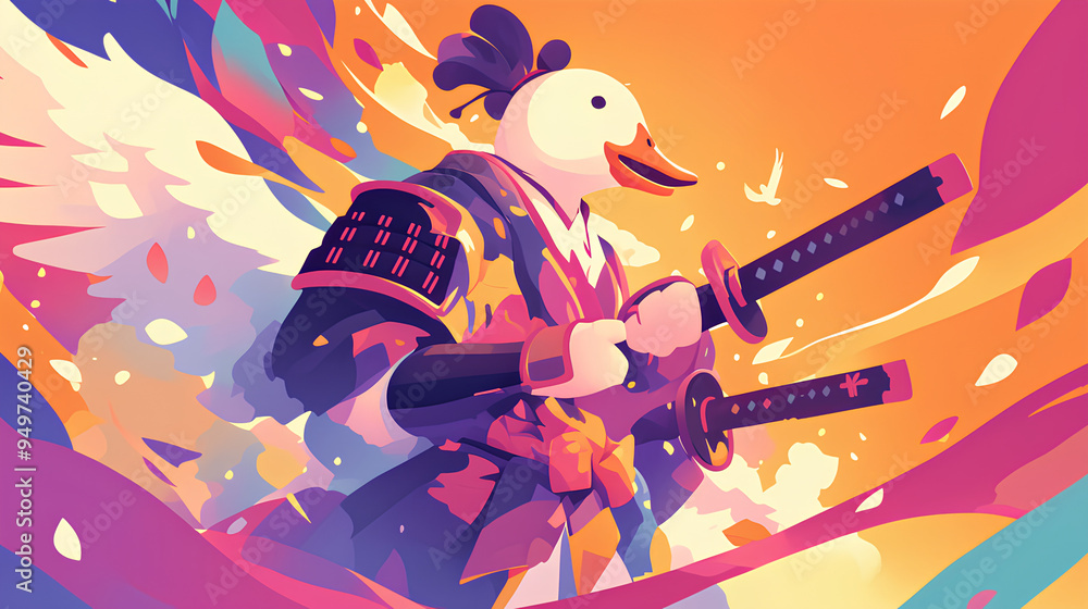 Cute duck wearing Japanese samurai armor, cool poses, cute kawaii ...