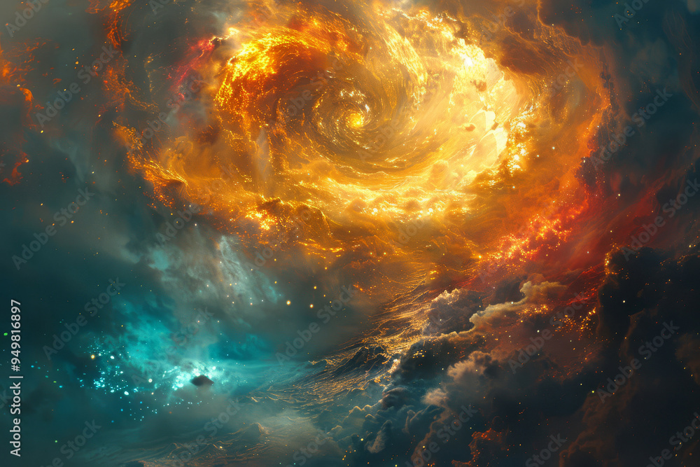 Surreal astral journey, enveloped by vibrant cosmic swirls and ...