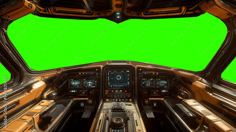Futuristic spaceship cockpit pilot view with green screen for ...